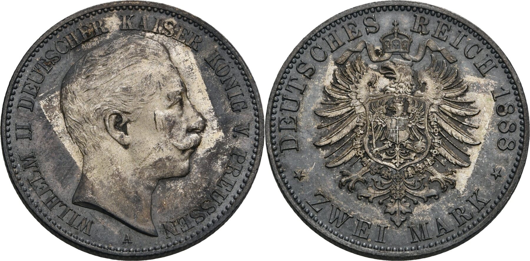 Preußen 2 Mark A, Berlin 1888 Wilhelm II., 1888-1918 fast St., unregelmäßige Tönung, min ...