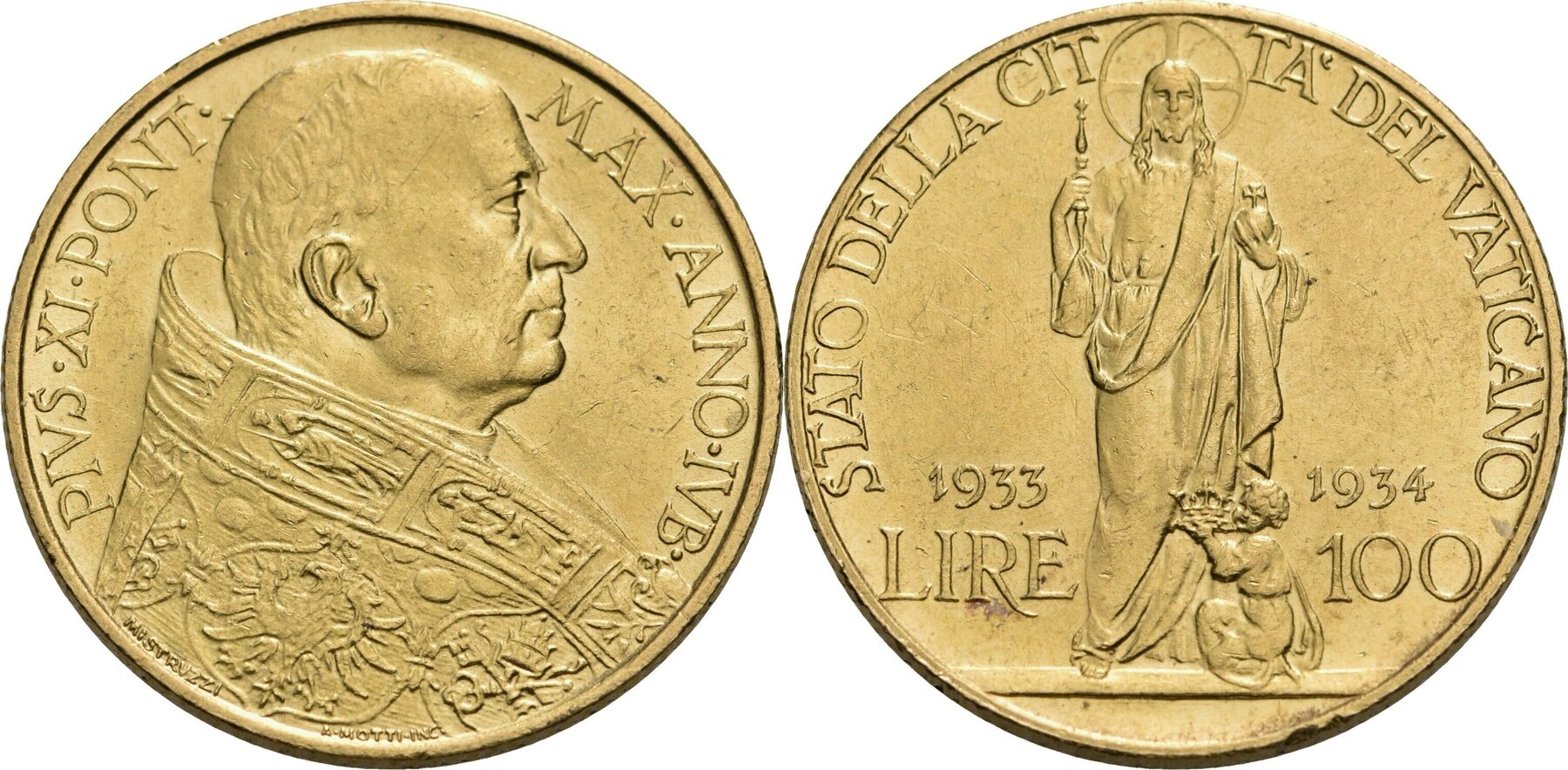 Vatikan 100 Lire, Rom, a.d. Heilige Jahr 1934 Pius XI., 1922-1939 fast vz, winz. Kratzer | MA-Shops