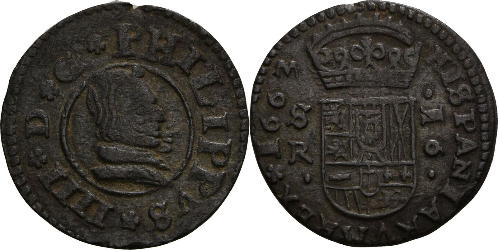 Spanien Kupfer-16 Maravedis SR, Sevilla 1663 Felipe IV., 1621-1665 ss ...