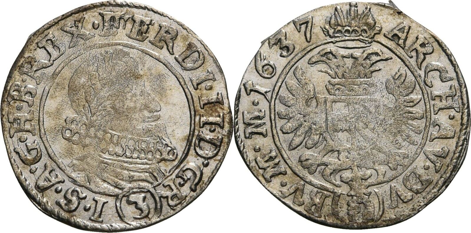 RDR 3 Kreuzer (Groschen), Prag 1637 Ferdinand II., 1592-1618-1637 fast vz/vz+, rauer Schrötling ...