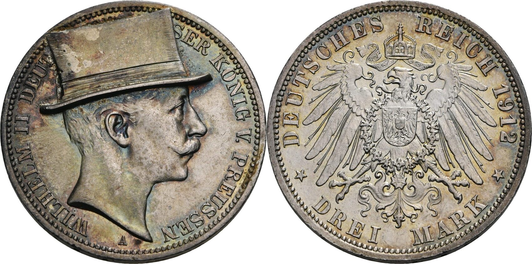 Preußen 3 Mark, Berlin, mit aufgelötetem Zylinder 1912 Wilhelm II ...