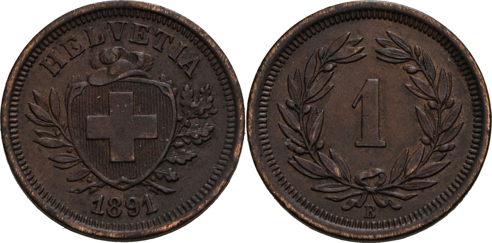 Schweiz 1 Rappen, Bern, dickes Kreuz 1891 Eidgenossenschaft vz | MA-Shops