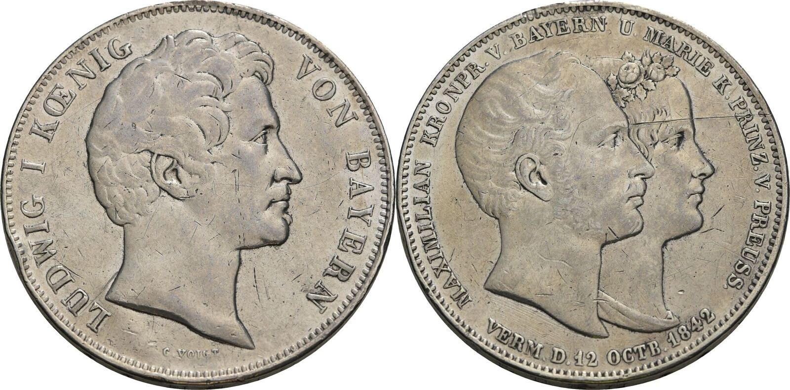 Bayern Geschichtsdoppeltaler, München 1842 Ludwig I., 1825-1848 fast ss, leichte Hitzspuern ...