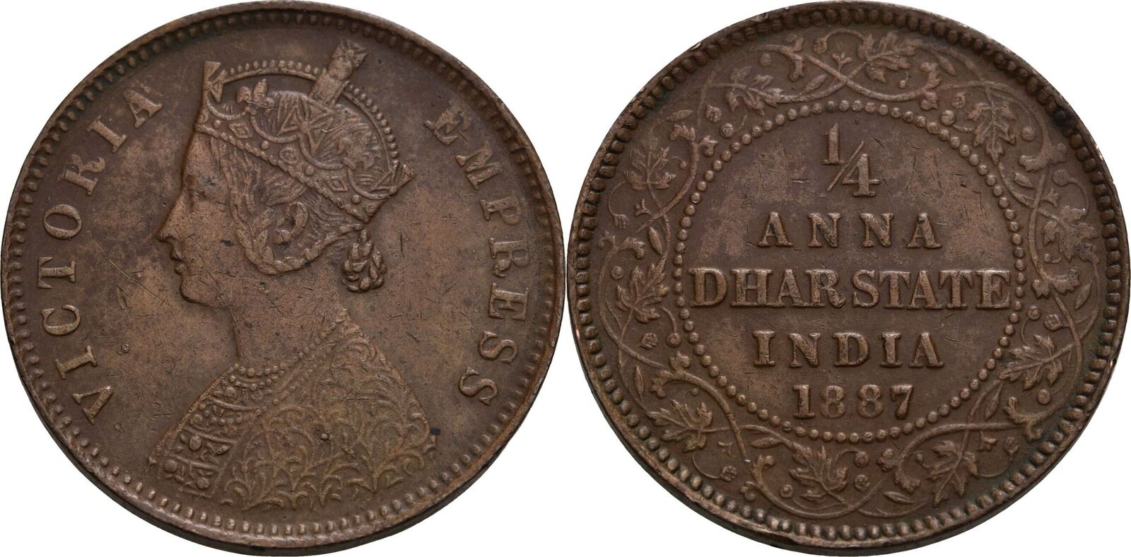 Indien - Dhar Ku-1/4 Anna, im Namen Queen Victorias 1887 Anand Rao III ...
