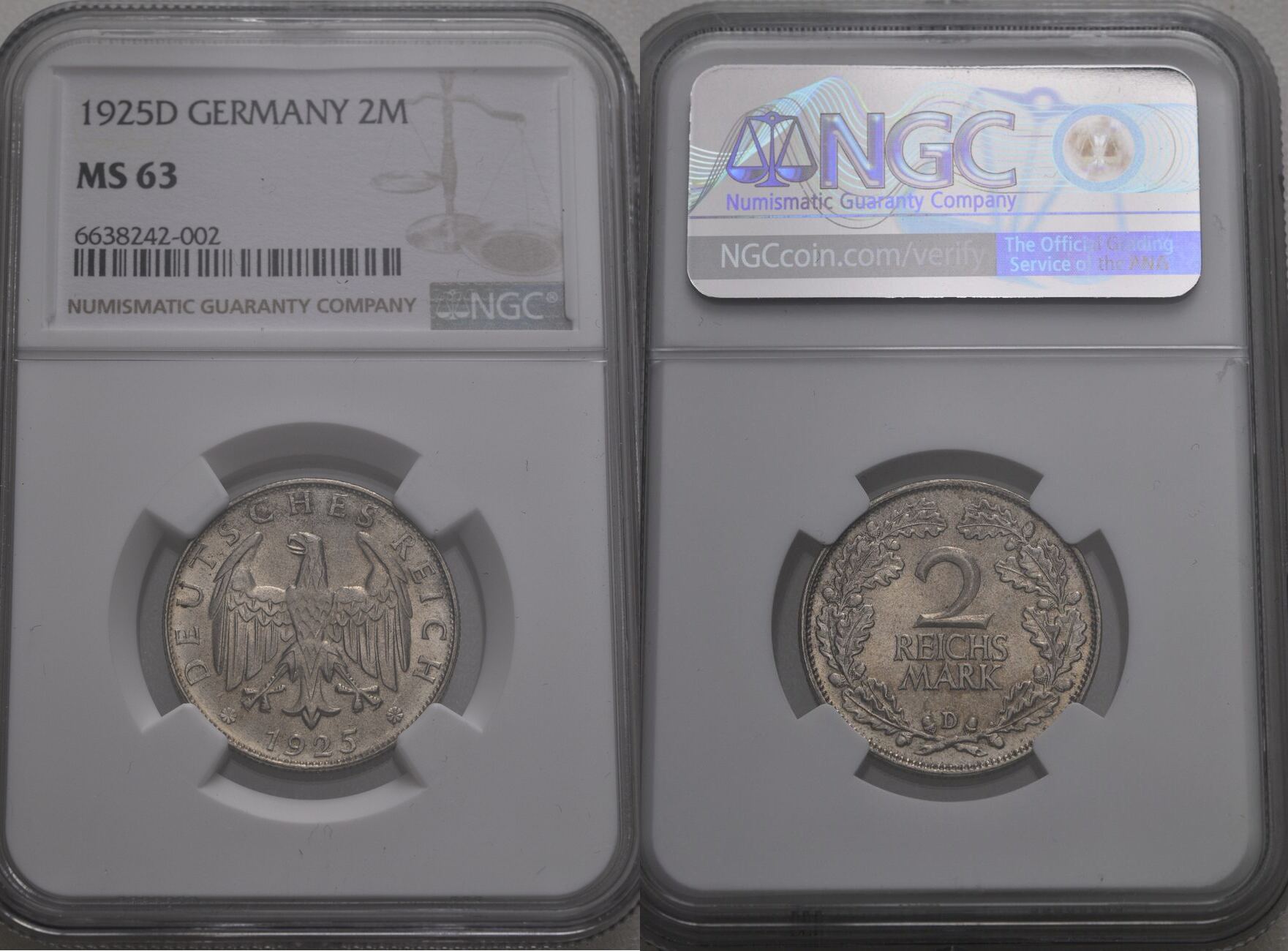 Weimarer Republik 2 Reichsmark 1925 D, München im NGC-Slab MS63 | MA-Shops
