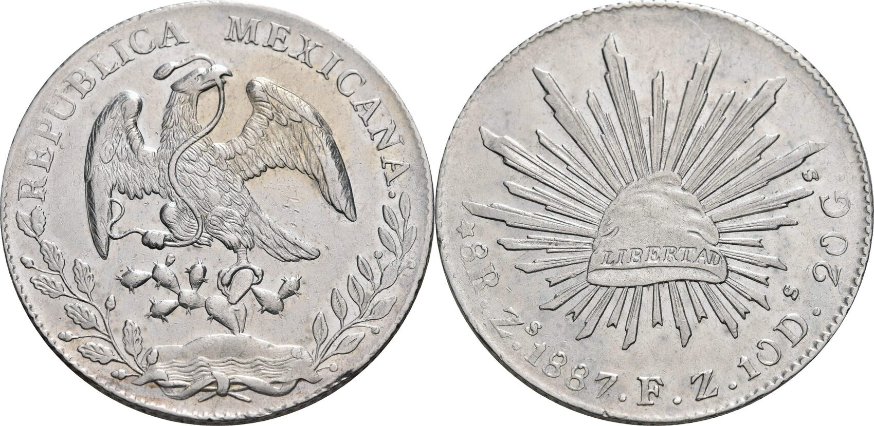 Mexiko 8 Reales Zs-FZ, Zacatecas 1887 Republik fast vz/vz, l. gereinigt | MA-Shops