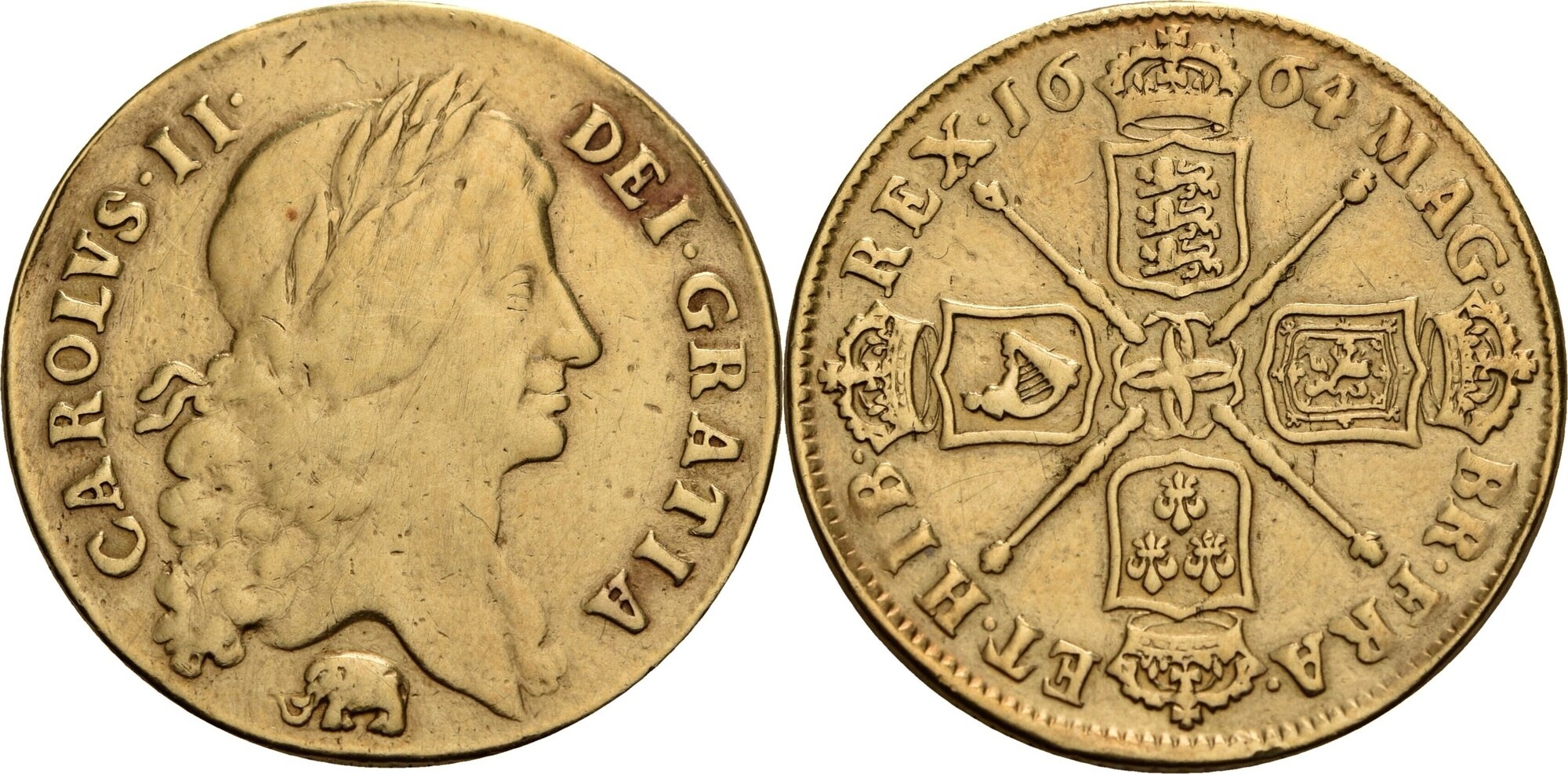 Großbritannien 2 Guineas, Mzz. Elefant, London 1664 Charles II., 1660 ...