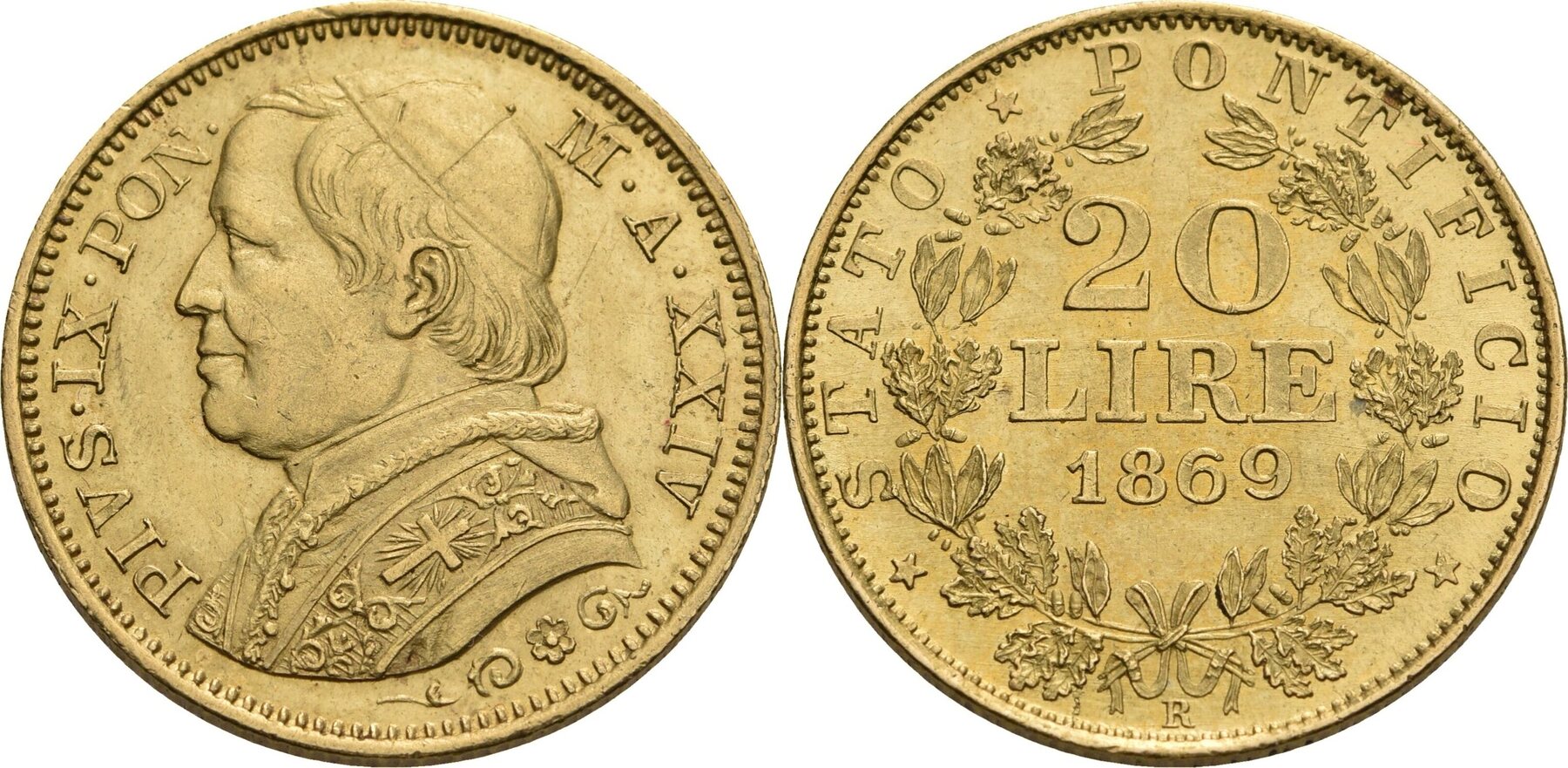 Vatikan 20 Lire R, Rom 1869 Pius IX., 1846-1878 ss/vz | MA-Shops