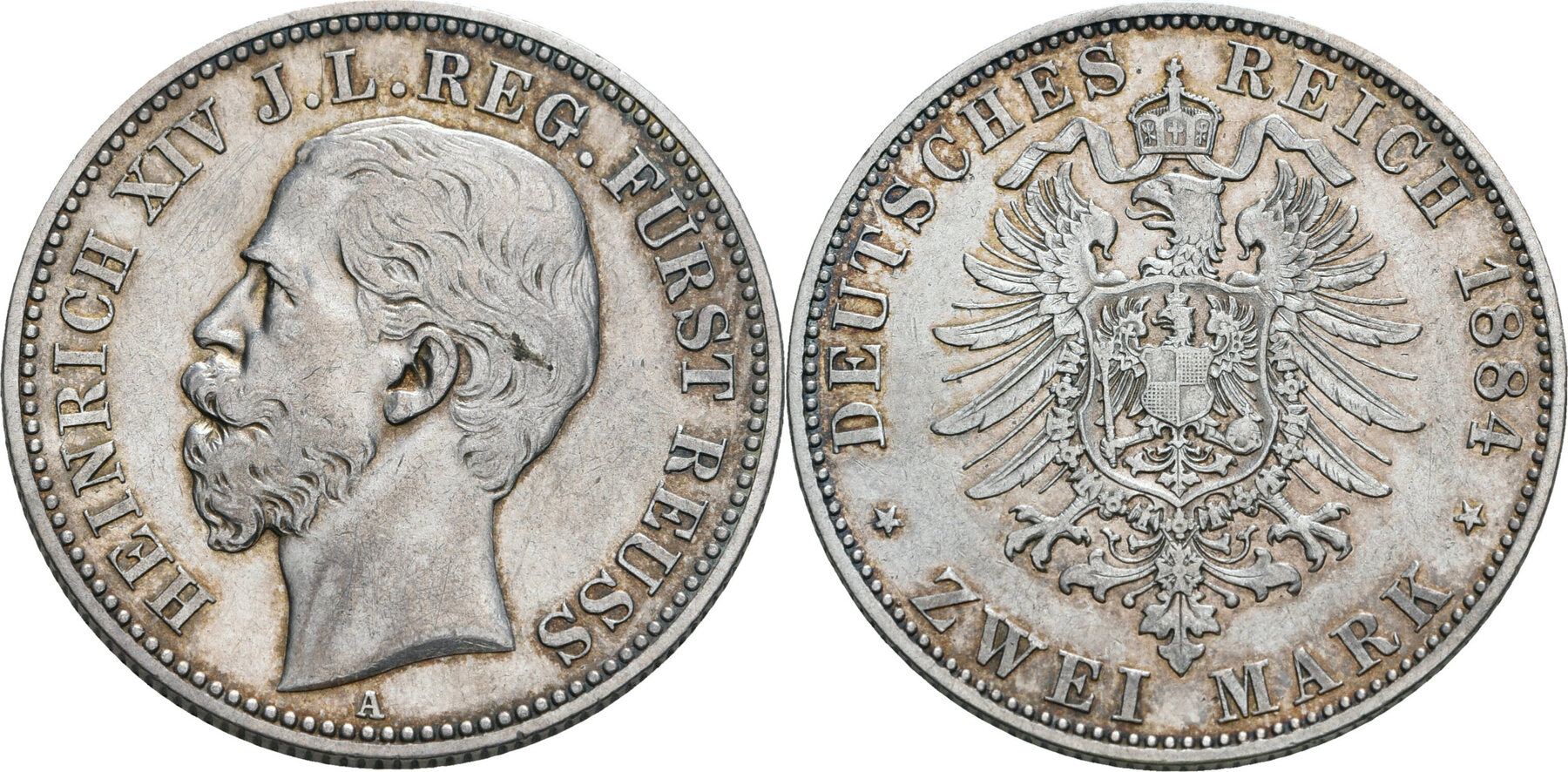 Reuss Jüngere Linie 2 Mark 1884 Heinrich XIV 1867-1913 ss., kl. Kratzer ...