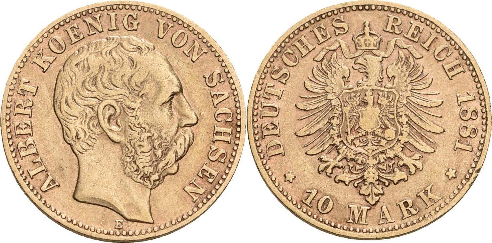 Sachsen 10 Mark E, Muldenhütten 1881 Albert, 1873-1902 ss, kl. Randfehler u. Kratzer, l. gebogen ...