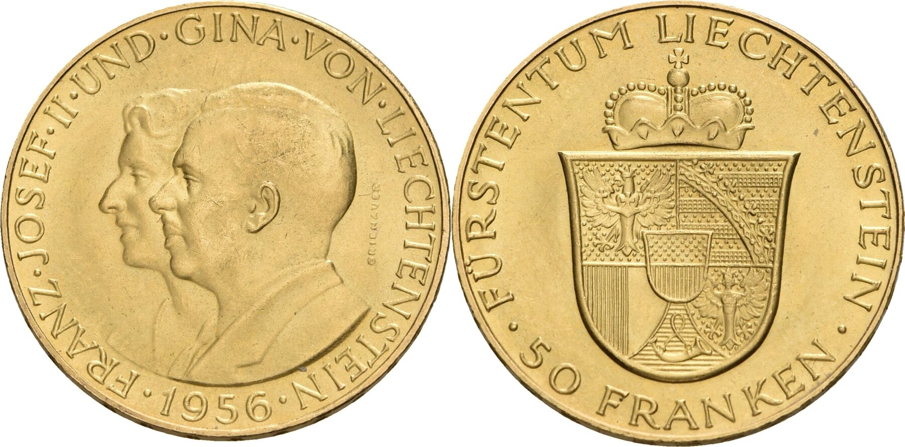 Liechtenstein 50 Franken, Bern 1956 Franz Joseph II., 1938-1989 vz, mattiert | MA-Shops