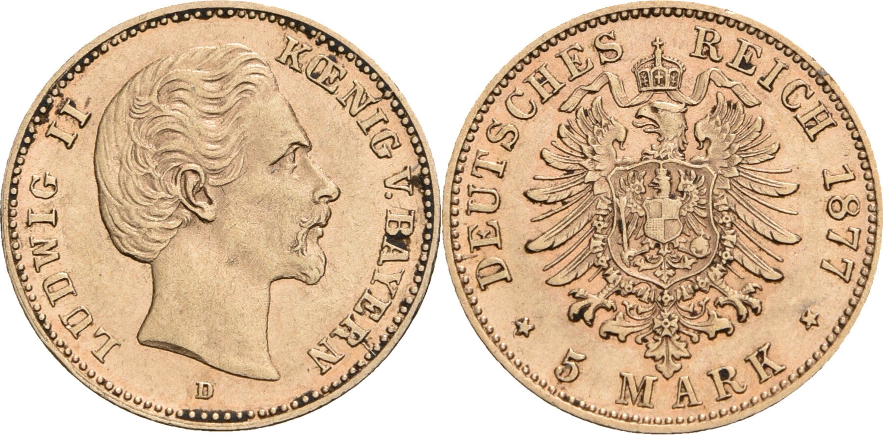 Bayern 5 Mark 1877 Ludwig II. 1864-1886 vz. min Auflagen u. Kratzer ...