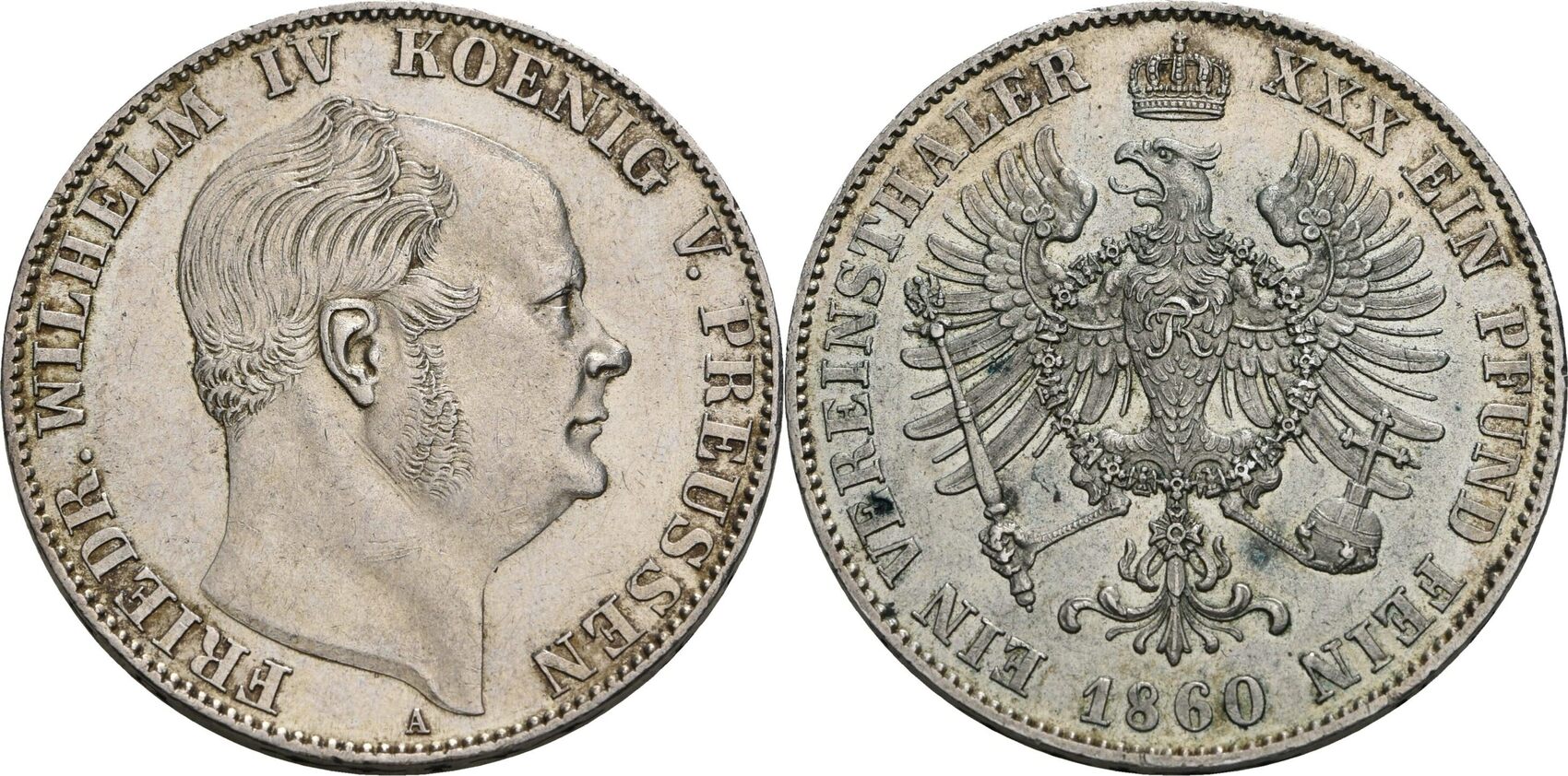 Brandenburg-Preußen Vereinstaler A, Berlin 1860 Friedrich Wilhelm IV ...