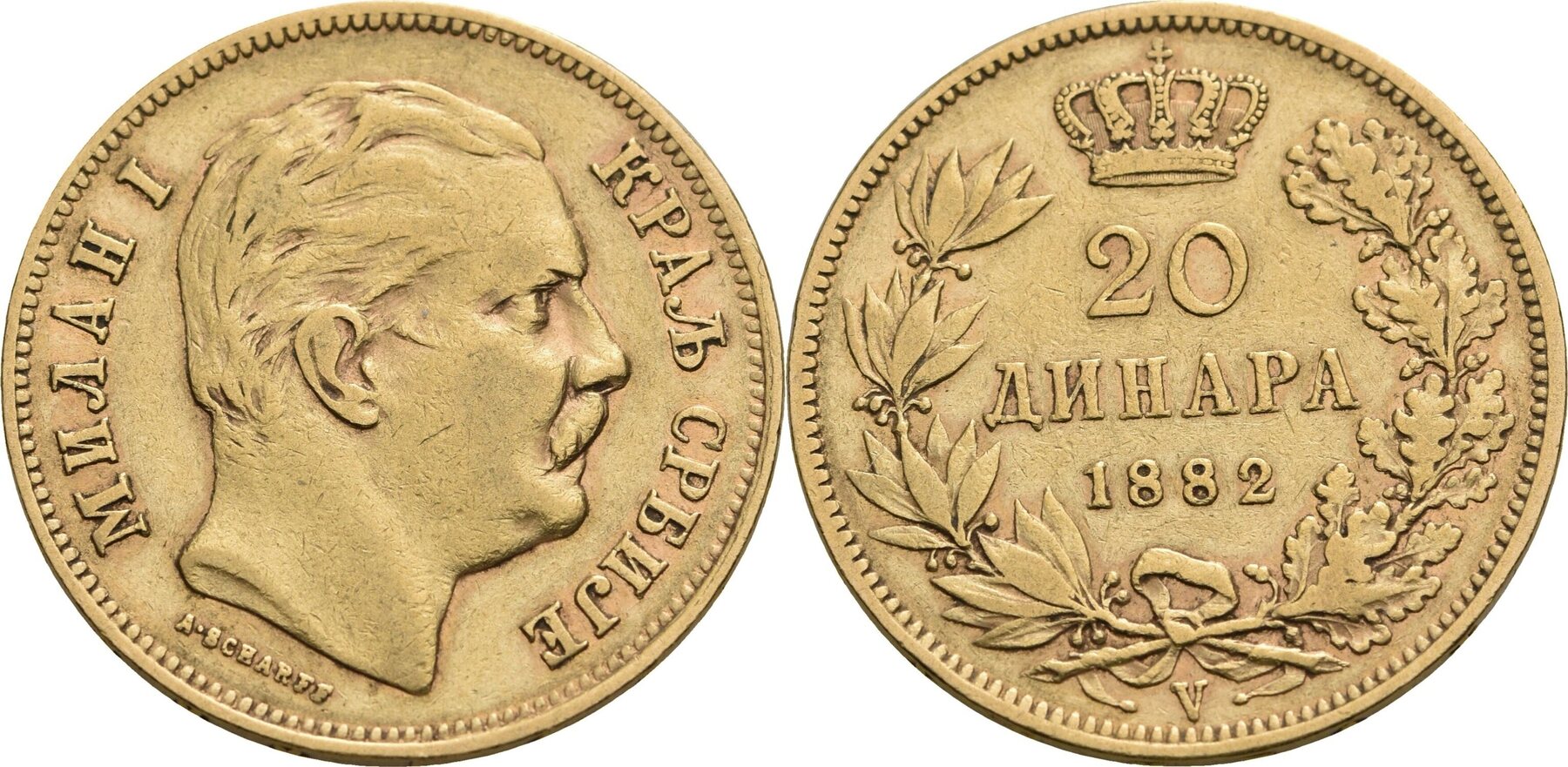 Serbien, Königreich 20 Dinara V, Wien 1882 Milan I. (IV.) Obrenowitsch ...