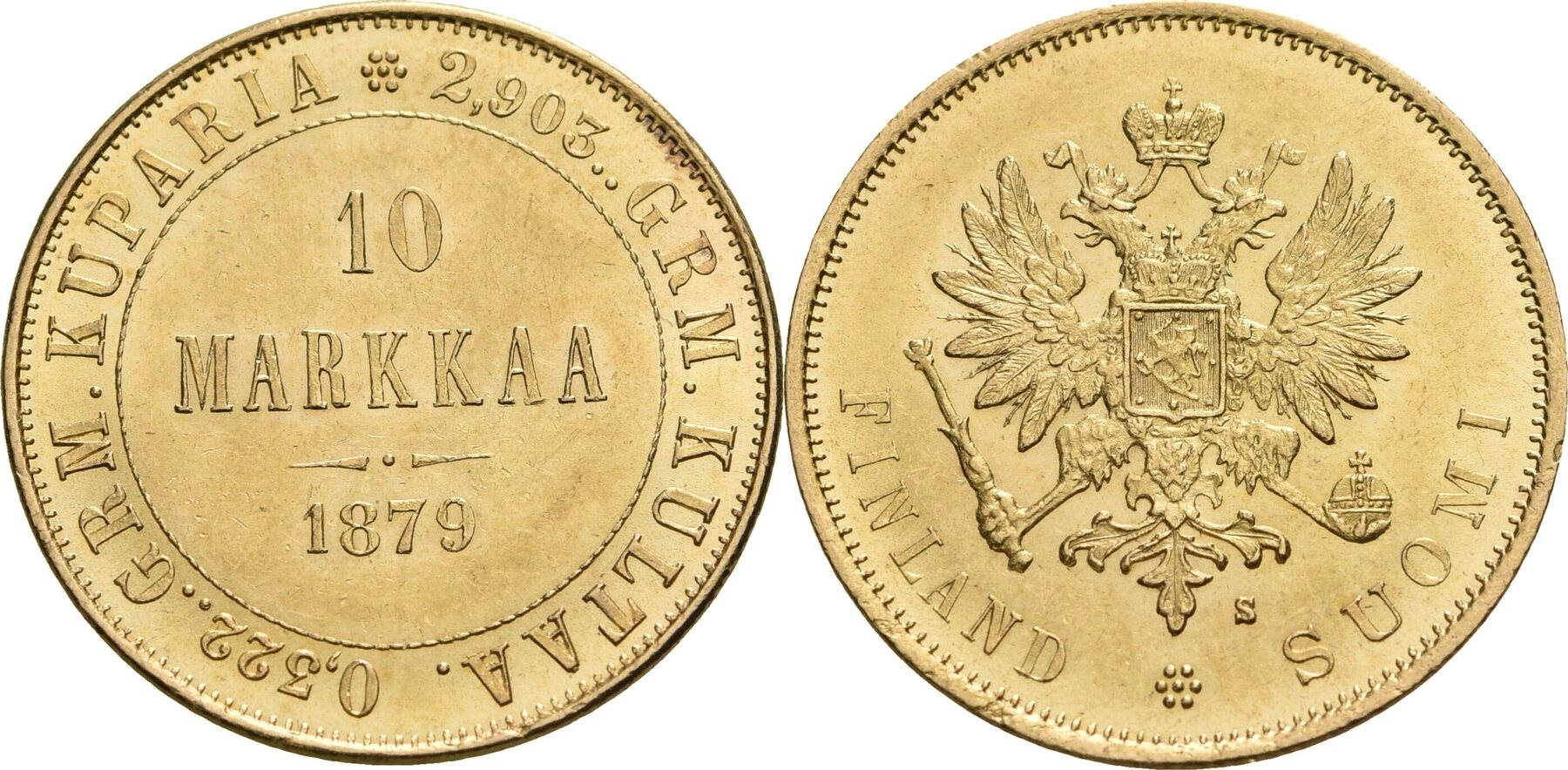 Finnland 10 Markaa S, Helsinki 1879 Alexander II. von Russland, 1855-1881 vz, winz. Randfehler ...