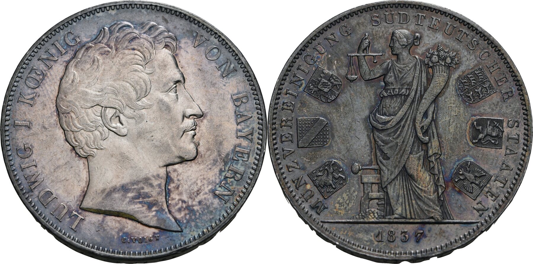 Bayern Geschichtsdoppeltaler, München 1837 Ludwig I., 1825-1848 fast vz, winz. Kr. und Rf., Rs ...