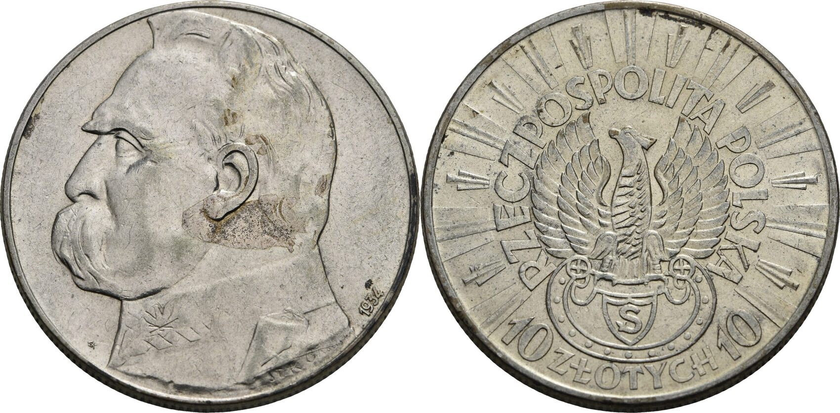 Polen 10 Zlotych 1934 J. Pilsudski ss/vz, Vs. min. berieben, min. Auflagen | MA-Shops