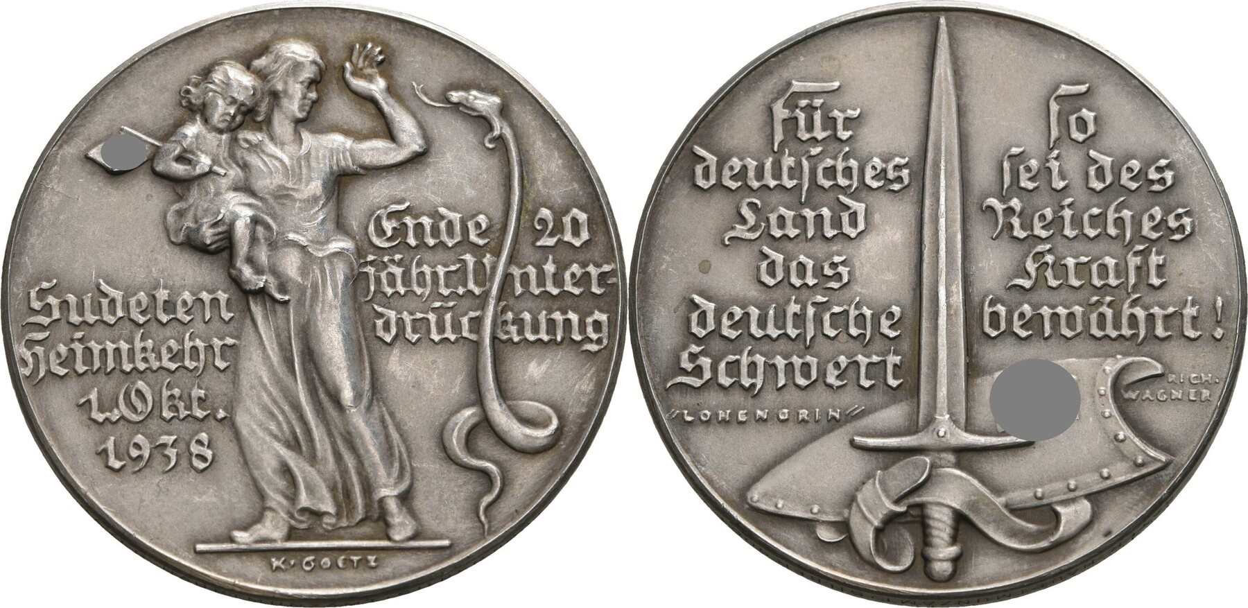 Karl Goetz Silbermedaille 1938 auf die Eingliederung des Sudetenlandes in das Deutsche Reich f ...