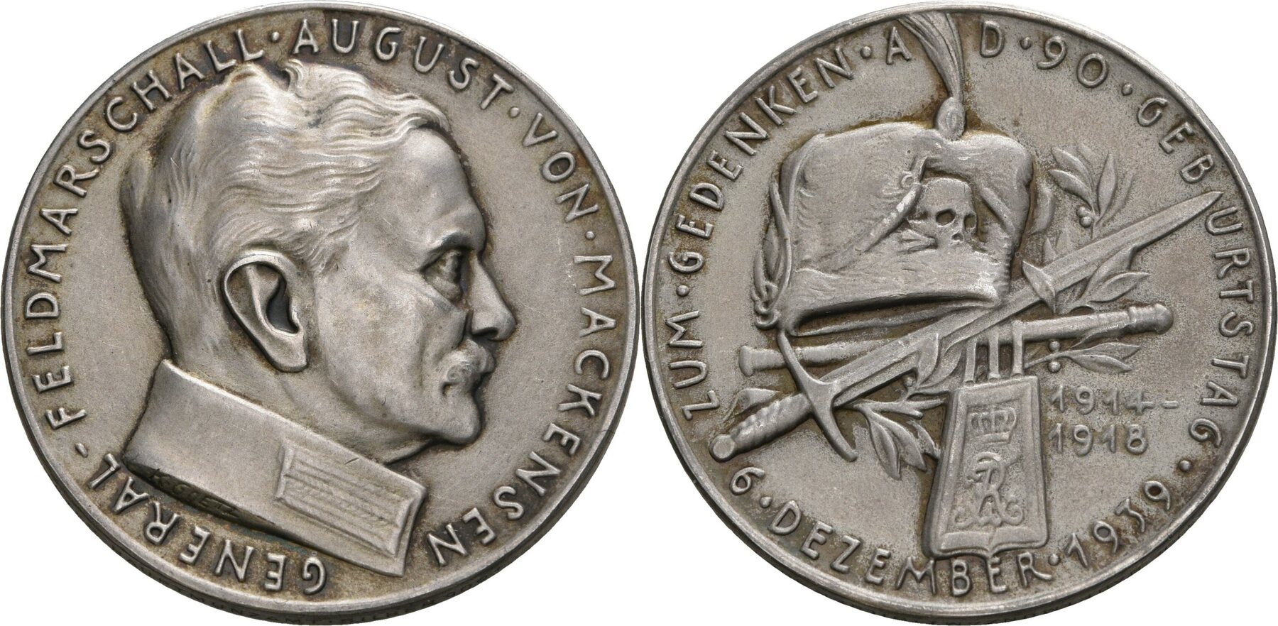 Karl Goetz Silbermedaille 1939 auf den 90. Geburtstag des Generalfeldmarschalls August von ...