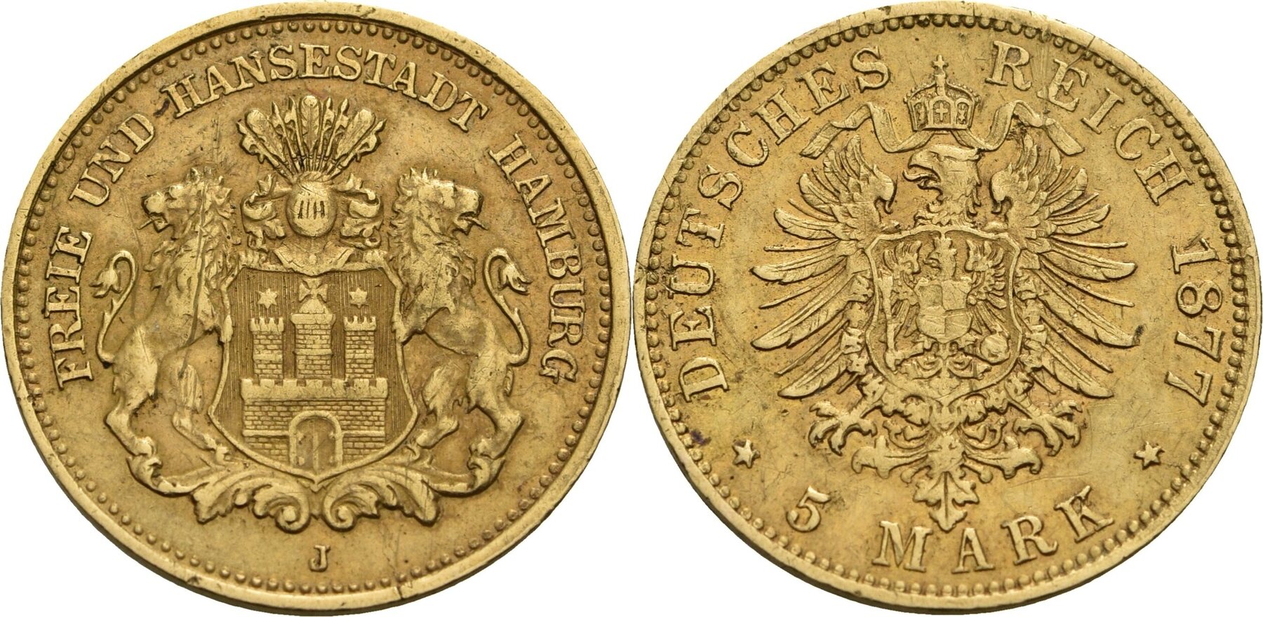 Hamburg 5 Mark J, Hamburg 1877 Freie Hansestadt ss, kl. Randfehler u ...