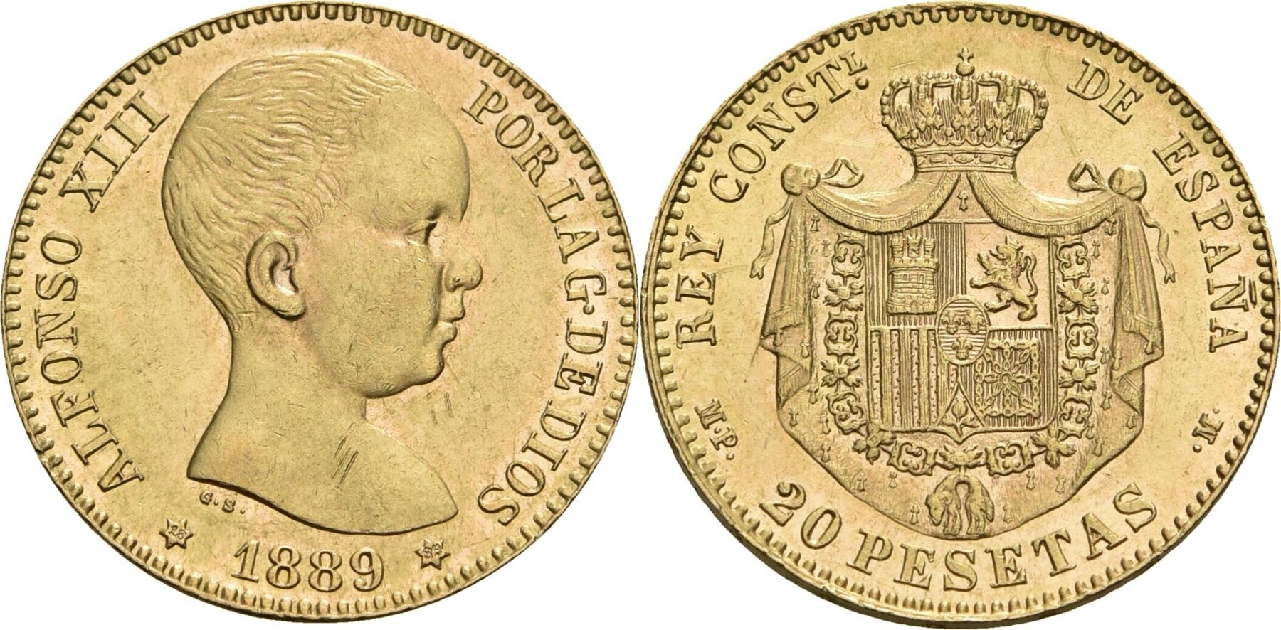 Spanien 20 Pesetas M-PM, Madrid 1889 Alfonso XIII., 1886-1931 ss/f. vz ...