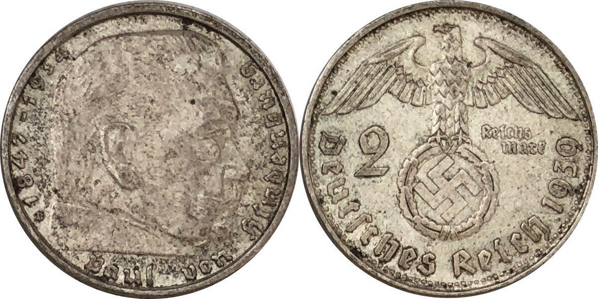 3 Reich 2 Mark 1939 B Hindenburg ss-vz | MA-Shops