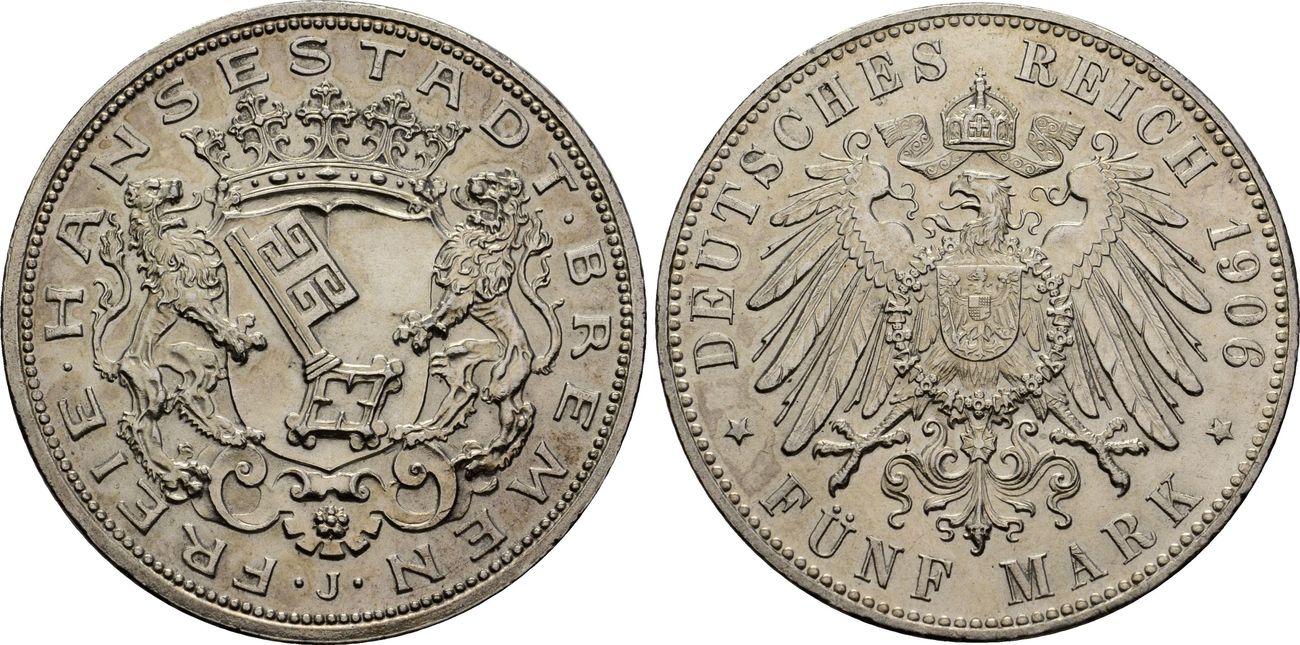 Kaiserreich Bremen 5 Mark 1906 J Stadtwappen vz-st/f.st | MA-Shops