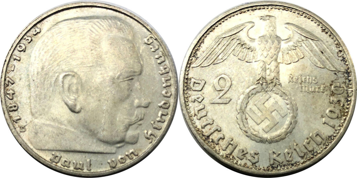 3-Reich 2 Mark 1939 D Hindenburg vz-prfr | MA-Shops