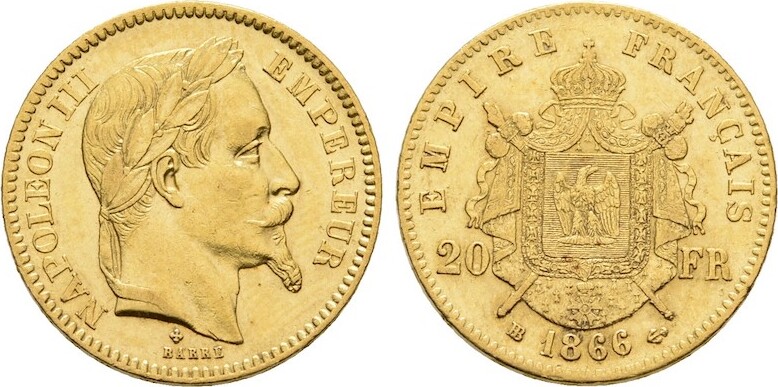 Frankreich 20 Francs 1866 BB Napoleon III ss-vz | MA-Shops
