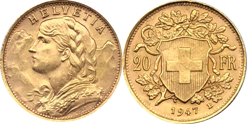 Schweiz 20 Franken 1947 B Vreneli vz+,kl.Rdf. | MA-Shops