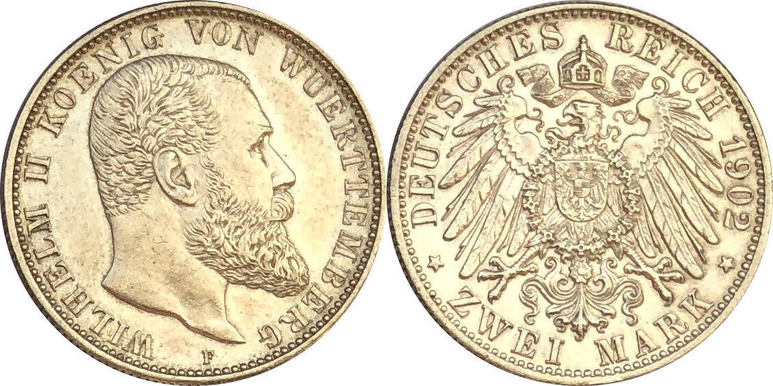 Kaiserreich Württemberg 2 Mark 1902 F König Wilhelm II ss-vz | MA-Shops