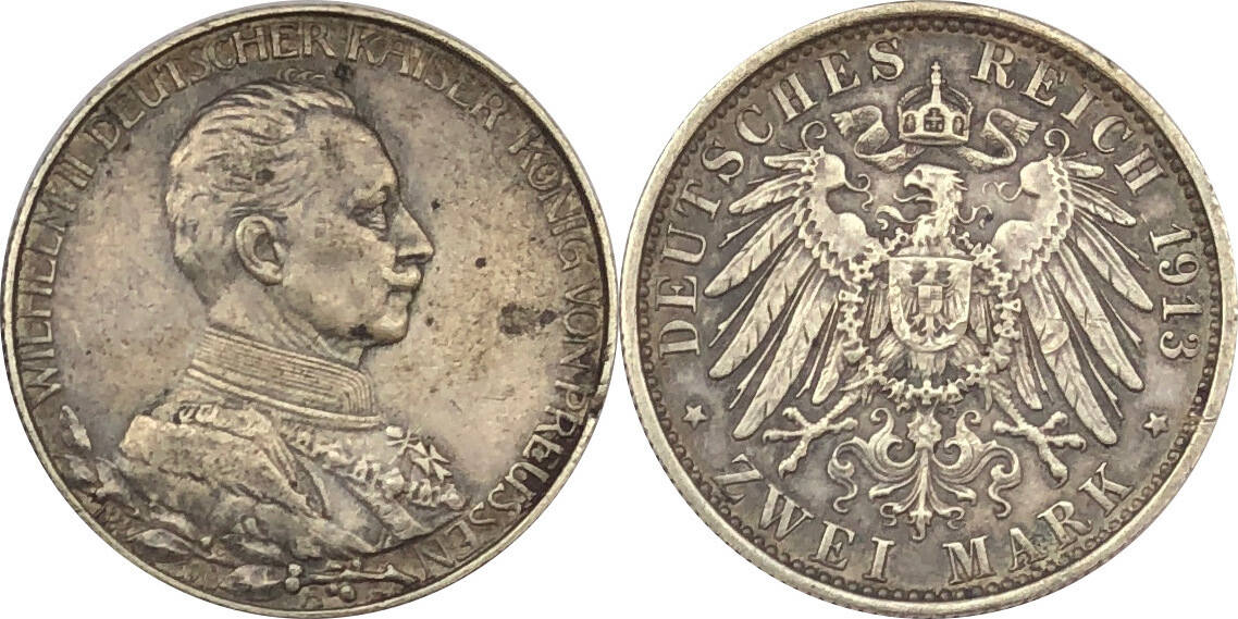 Kaiserreich Preußen 2 Mark 1913 A Kaiser Wilhelm II in Uniform 25 ...