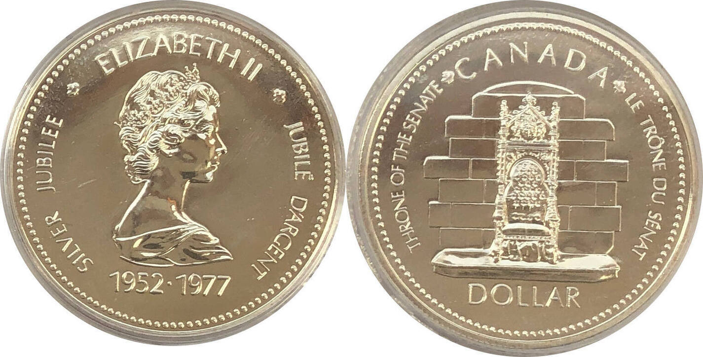 Kanada 1 Dollar 1977 Königin Elisabeth II Thronbesteigung PL mit Kapsel ...