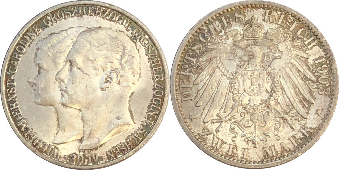 Sachen Weimar Eisenach 2 Mark 1903 Wilhelm Ernst und Caroline vz-st ...