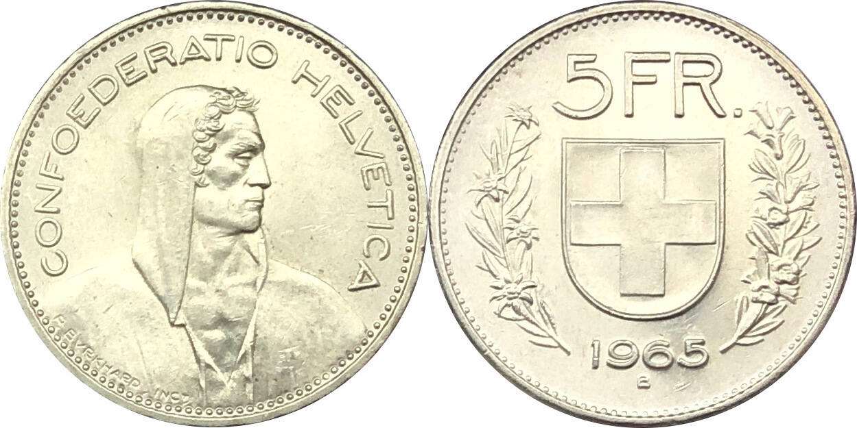Schweiz 5 Franken 1965 B Alphirt Kursmünze vz+,winz.Rdf. | MA-Shops