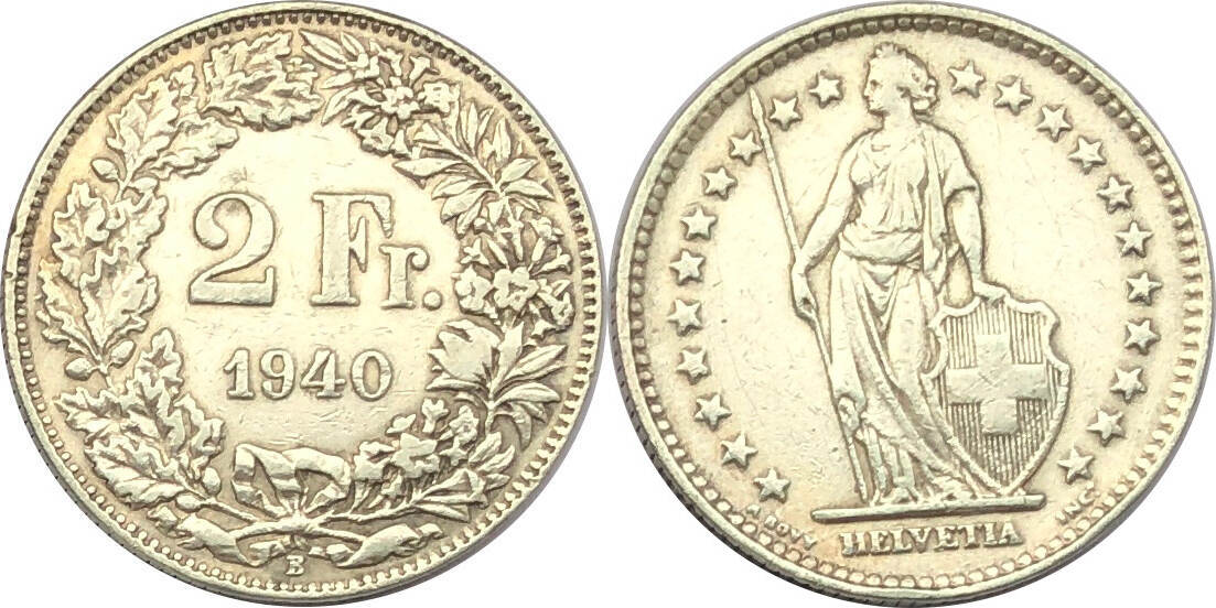 Schweiz 2 Franken 1940 B Helvetia ss,Rdf. | MA-Shops