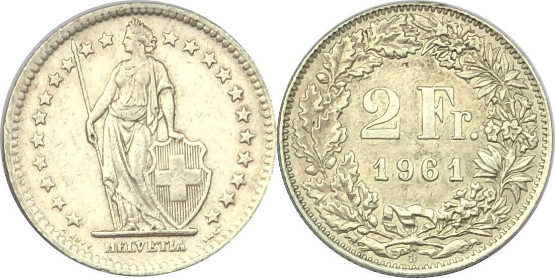 Schweiz 2 Franken 1961 B Helvetia ss,kl.Rdf. | MA-Shops