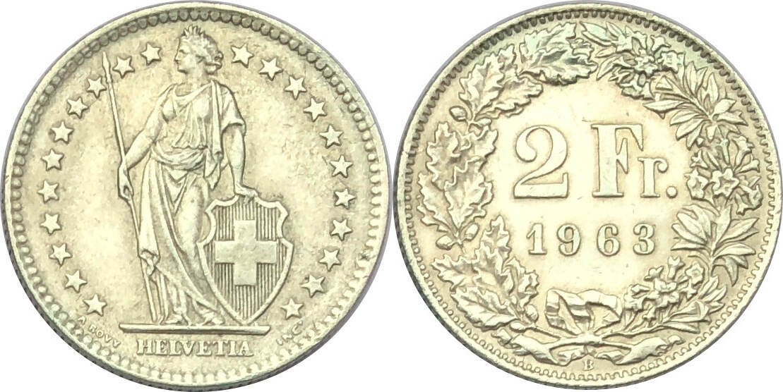 Schweiz 2 Franken 1963 B Helvetia ss,kl.Rdf. | MA-Shops