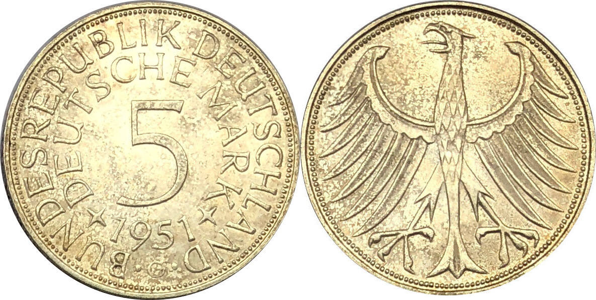 Bundesrepublik Deutschland 5 Mark 1951 G Silberadler vz | MA-Shops