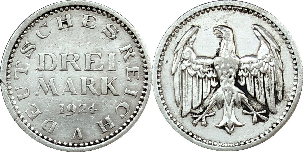 Weimarer Republik 3 Mark 1924 A Kursmünze ss,Rdf. | MA-Shops