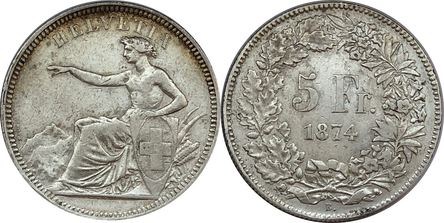 Schweiz 5 Franken 1874 B Helvetia ss,winz.Rdf. | MA-Shops