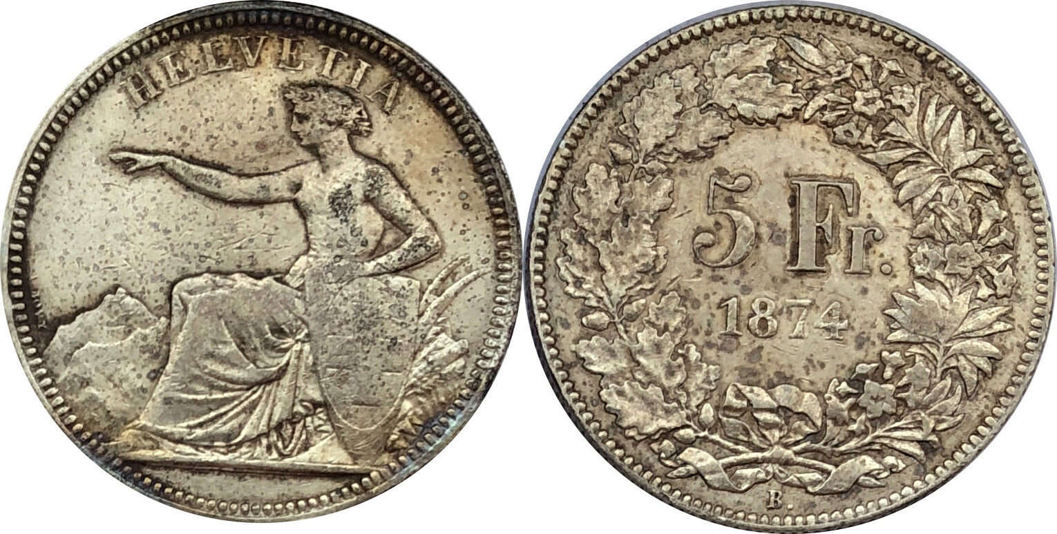 Schweiz 5 Franken 1874 B Helvetia ss,winz.Rdf. | MA-Shops