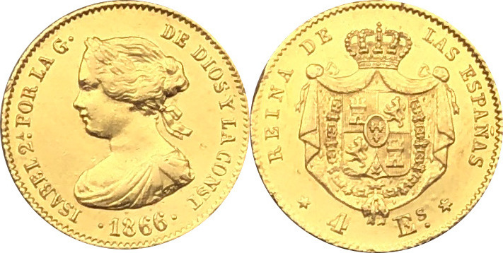 Spanien 4 Escudos 1866 Königin Isabell II ss-vz,Rdf. | MA-Shops