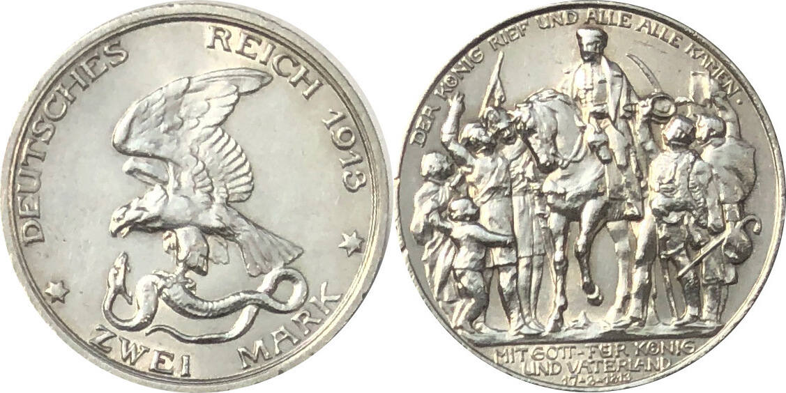 Preußen 2 Mark 1913 Wilhelm II Der König rief vz,kl.Rdf. | MA-Shops