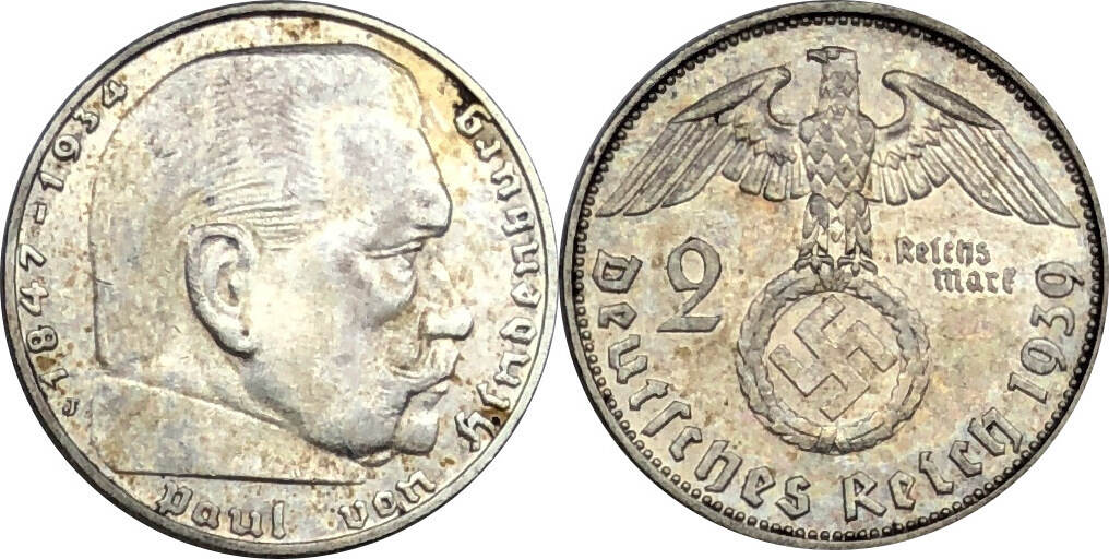 3-Reich 2 Mark 1939 J Hindenburg ss | MA-Shops