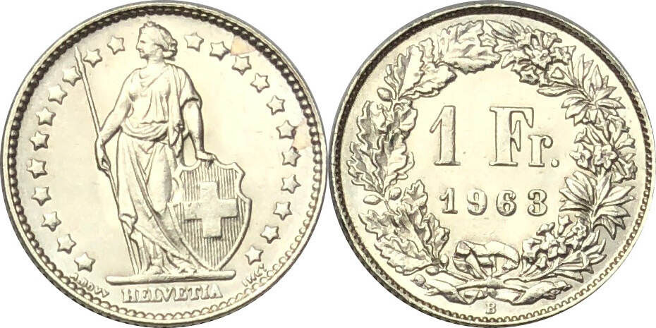 Schweiz 1 Franken 1963 B Helvetia - Kursmünze vz-st | MA-Shops