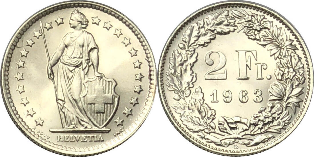 Schweiz 2 Franken 1963 B Helvetia - Kursmünze f.st,zaponiert | MA-Shops