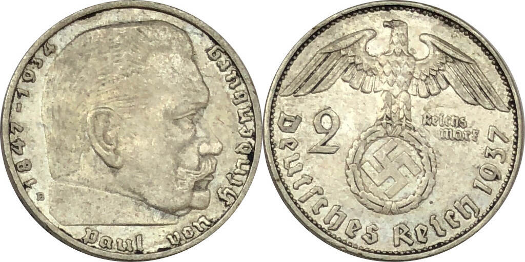 3-Reich 2 Mark 1937 E Hindenburg ss | MA-Shops