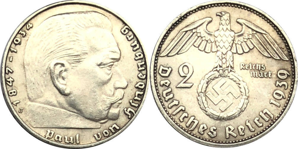 3-Reich 2 Mark 1939 J Hindenburg vz-st | MA-Shops