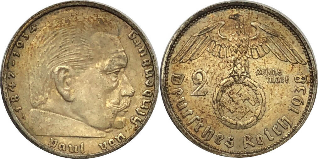 3-Reich 2 Mark 1938 A Hindenburg ss-vz | MA-Shops